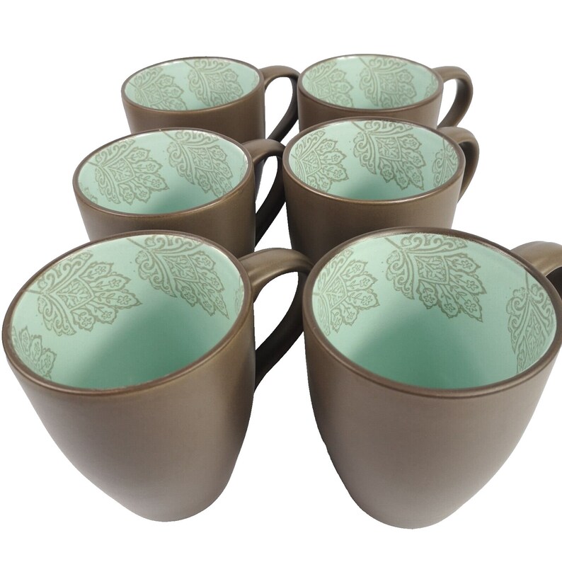 222 Fifth Chandi Blue Stoneware Mugs, Set of 6 Teal and Taupe Brown ...
