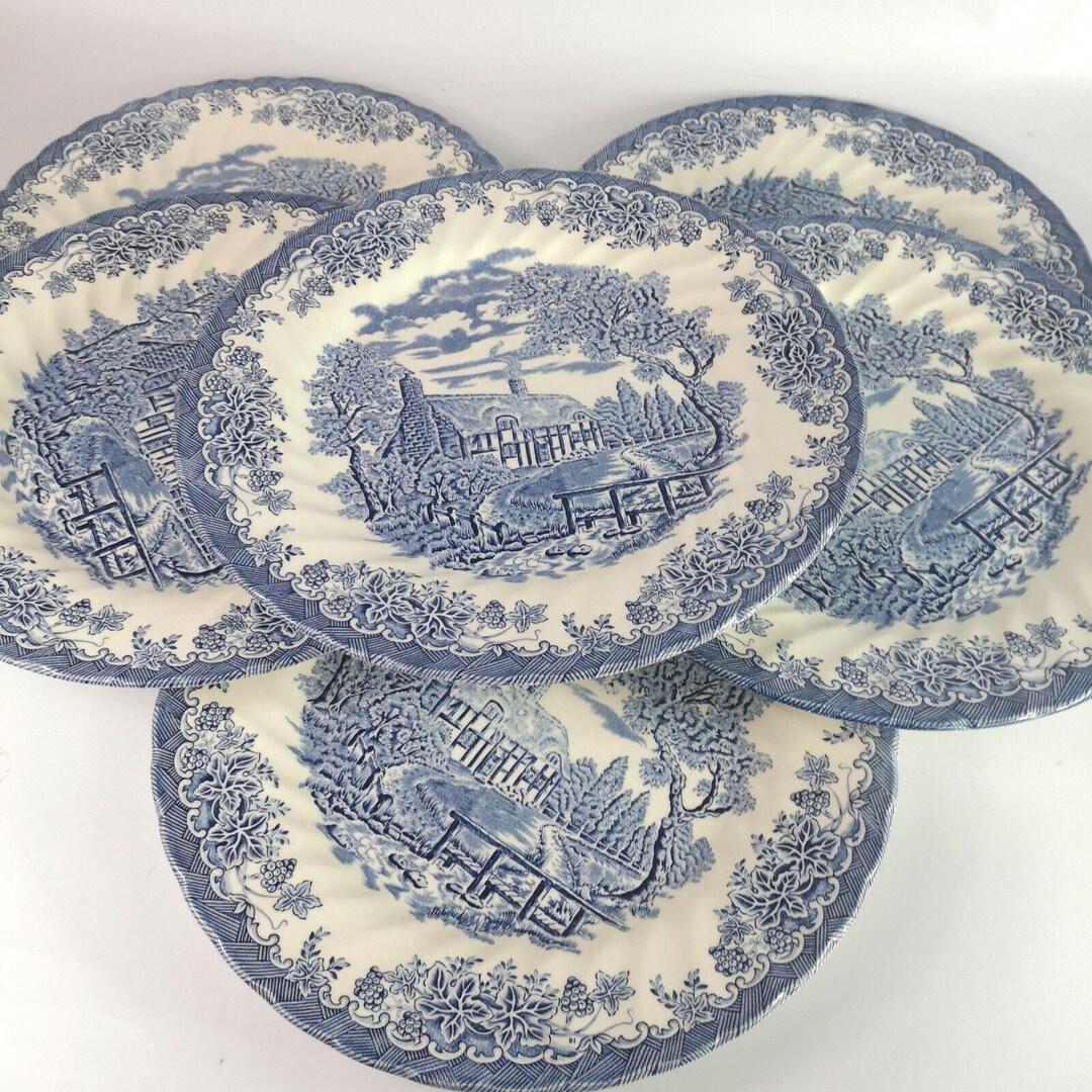 6 Churchill Faience English the Brook 10" Blue Cottage Scene Dinner ...
