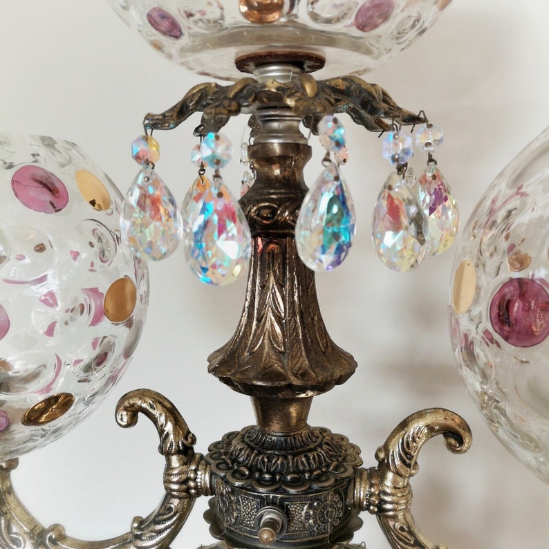 Vintage Nemo Glass Lamp, Czech, 3 Coin Dot Globes, Brass Marble Cherub ...