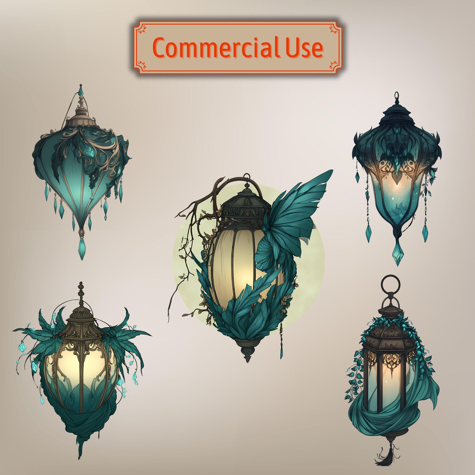 Teal Fantasy Collection, Lantern Clipart, Junk Journal Graphics Bundle ...