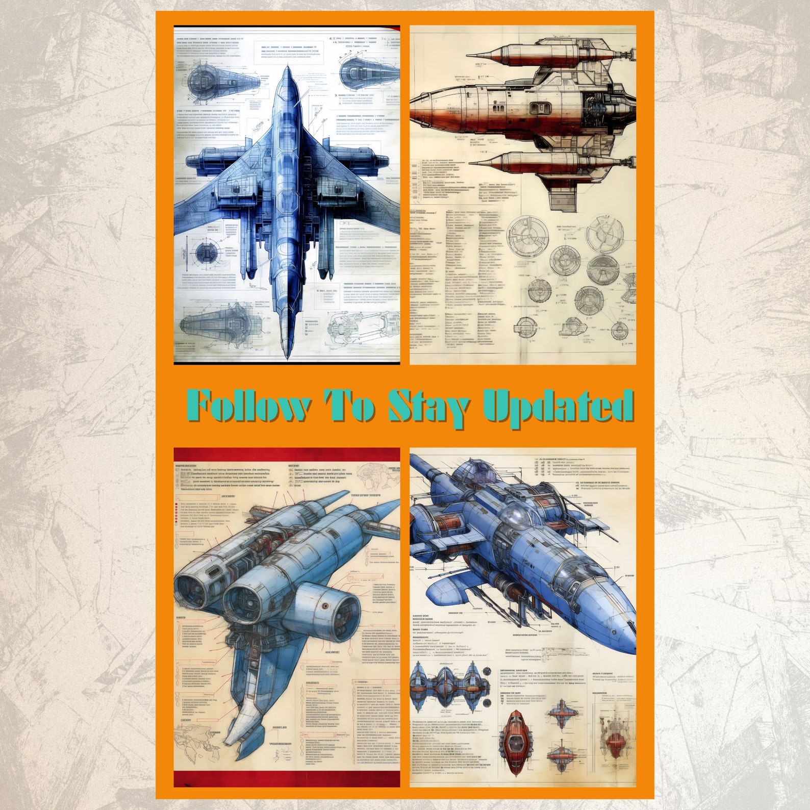 Fighter Bomber Blueprint Scrapbook Pages, Scifi Spaceship Diagram Junk ...