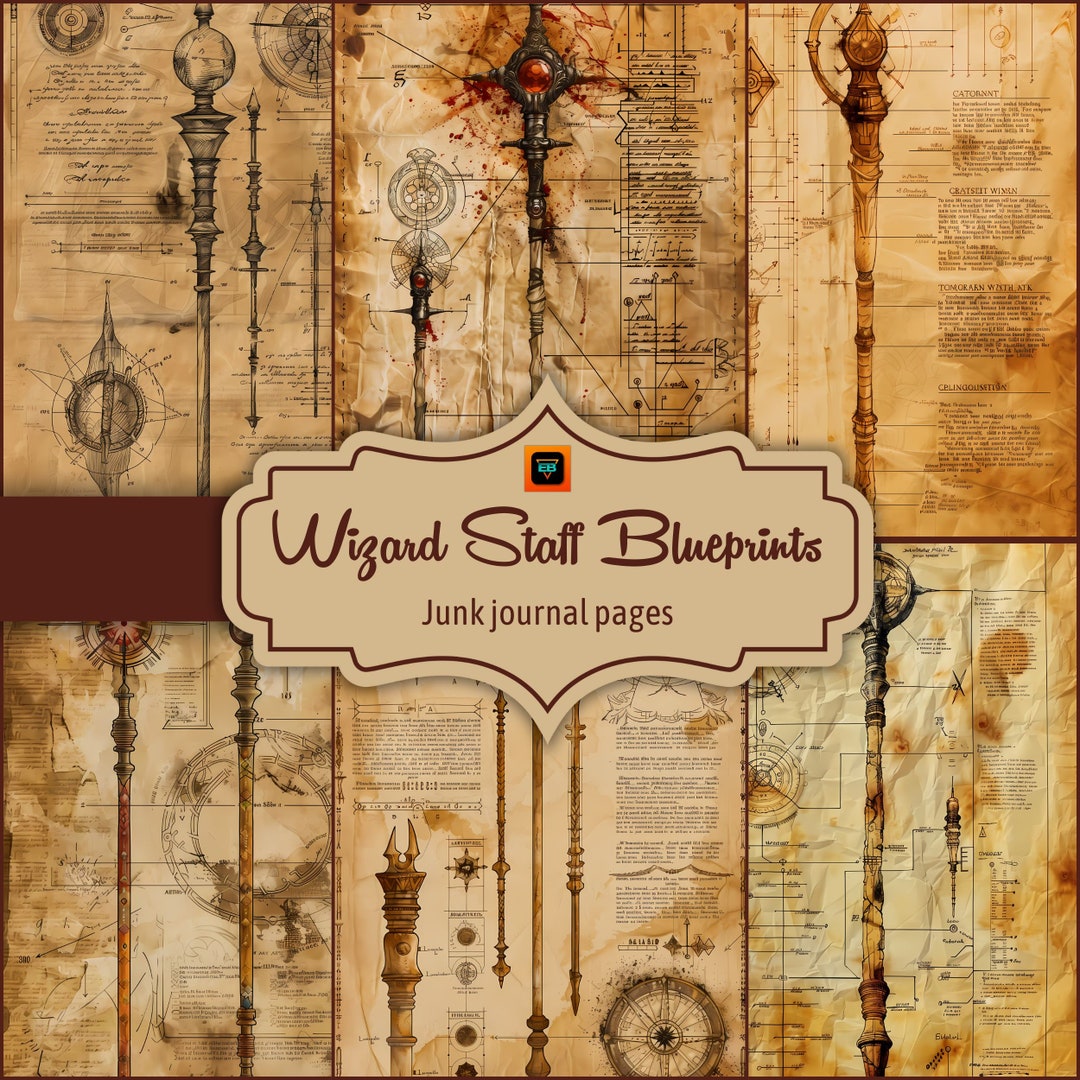 Wizard Staff Blueprint Scrapbook Pages, Fantasy Magic Junk Journal Kit ...