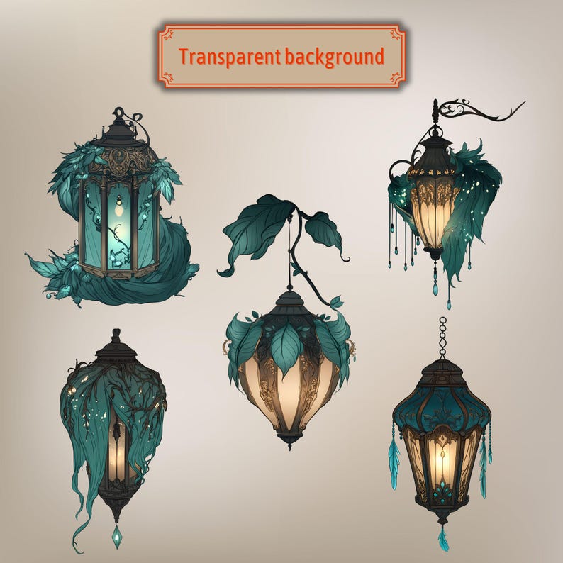 Teal Fantasy Collection, Lantern Clipart, Junk Journal Graphics Bundle ...