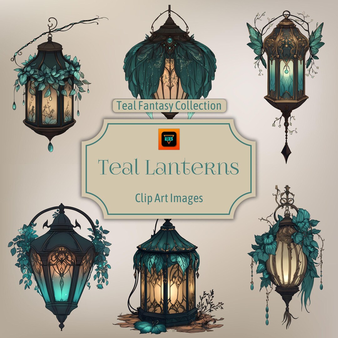 Teal Fantasy Collection, Lantern Clipart, Junk Journal Graphics Bundle ...