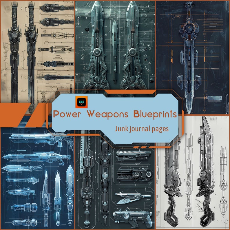 Power Weapon Blueprint Scrapbook Pages, Sci-fi Diagram Junk Journal Kit ...