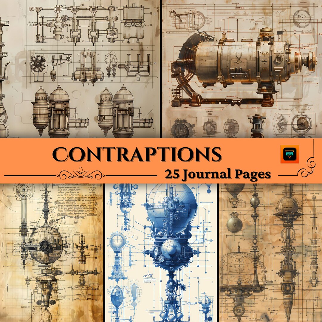 Fantasy Contraption Blueprint Scrapbook Pages, Steampunk Diagram Junk ...