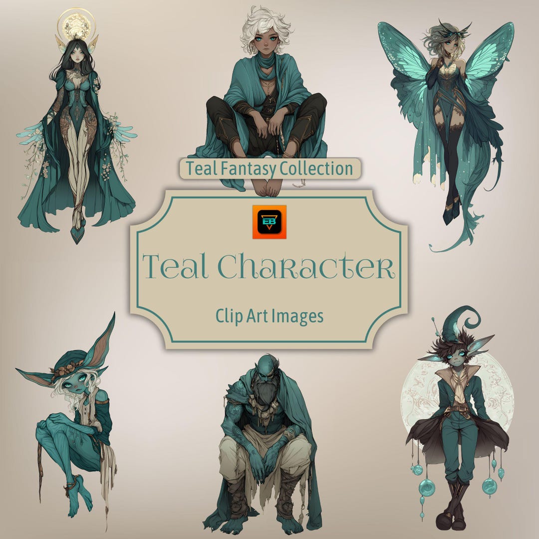 Teal Fantasy Collection, Character Art Clipart, Junk Journal Graphics ...