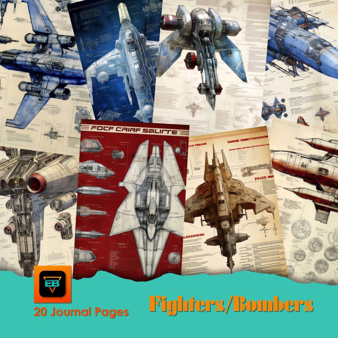 Fighter Bomber Blueprint Scrapbook Pages, Scifi Spaceship Diagram Junk ...