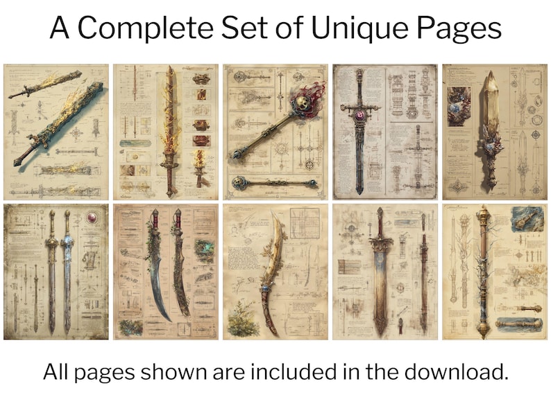Fantasy Weapon Blueprints, Printable Sword & Axe Art, Dnd Ephemera ...