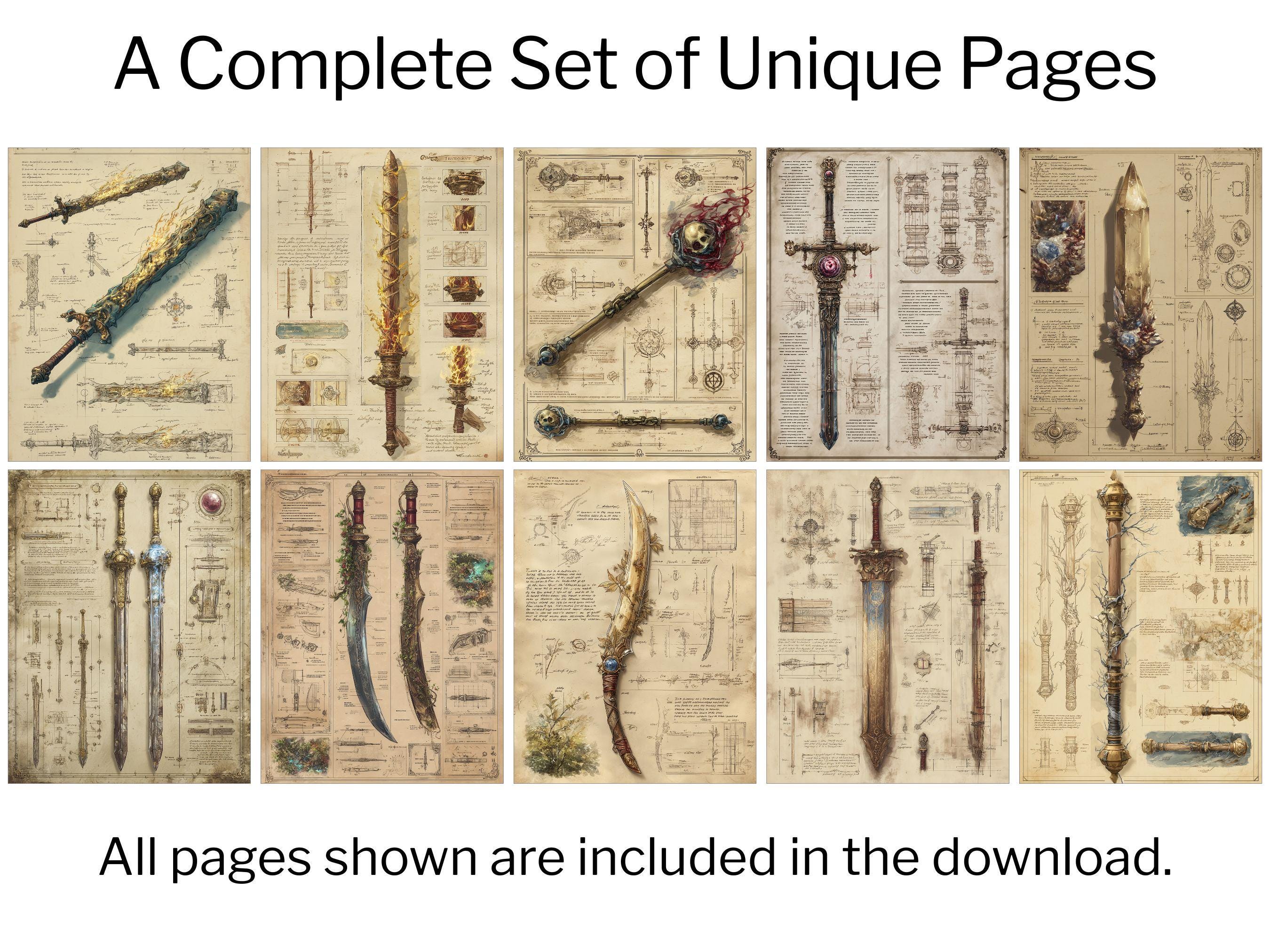 Fantasy Weapon Blueprints, Printable Sword & Axe Art, Dnd Ephemera ...