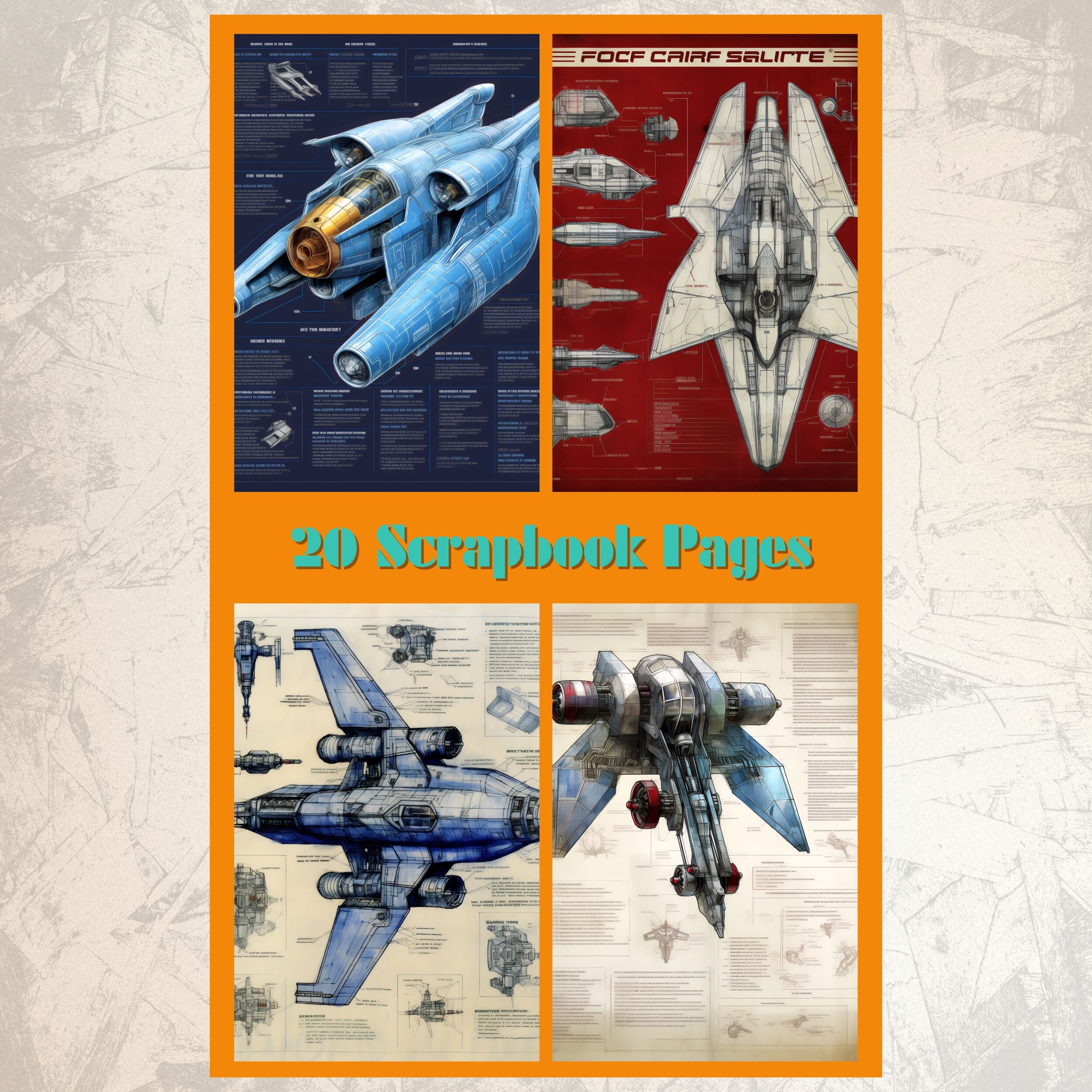 Fighter Bomber Blueprint Scrapbook Pages, Scifi Spaceship Diagram Junk ...