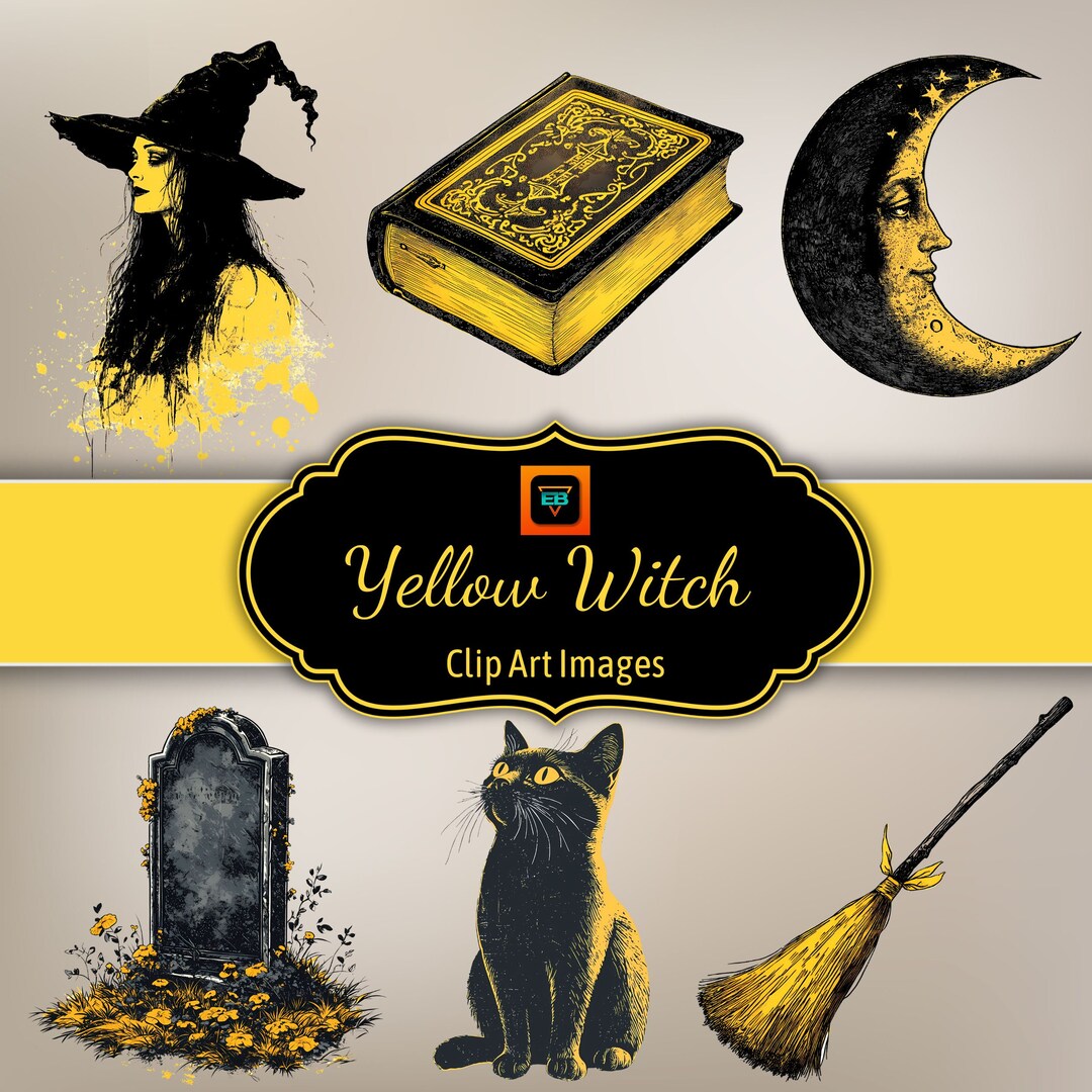 Yellow Witch Clipart, Vintage Halloween Graphics, Wiccan Scrapbook ...