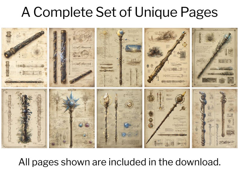 Fantasy Staff & Wand Blueprints, Arcane Focus Ephemera, Printable Dnd ...
