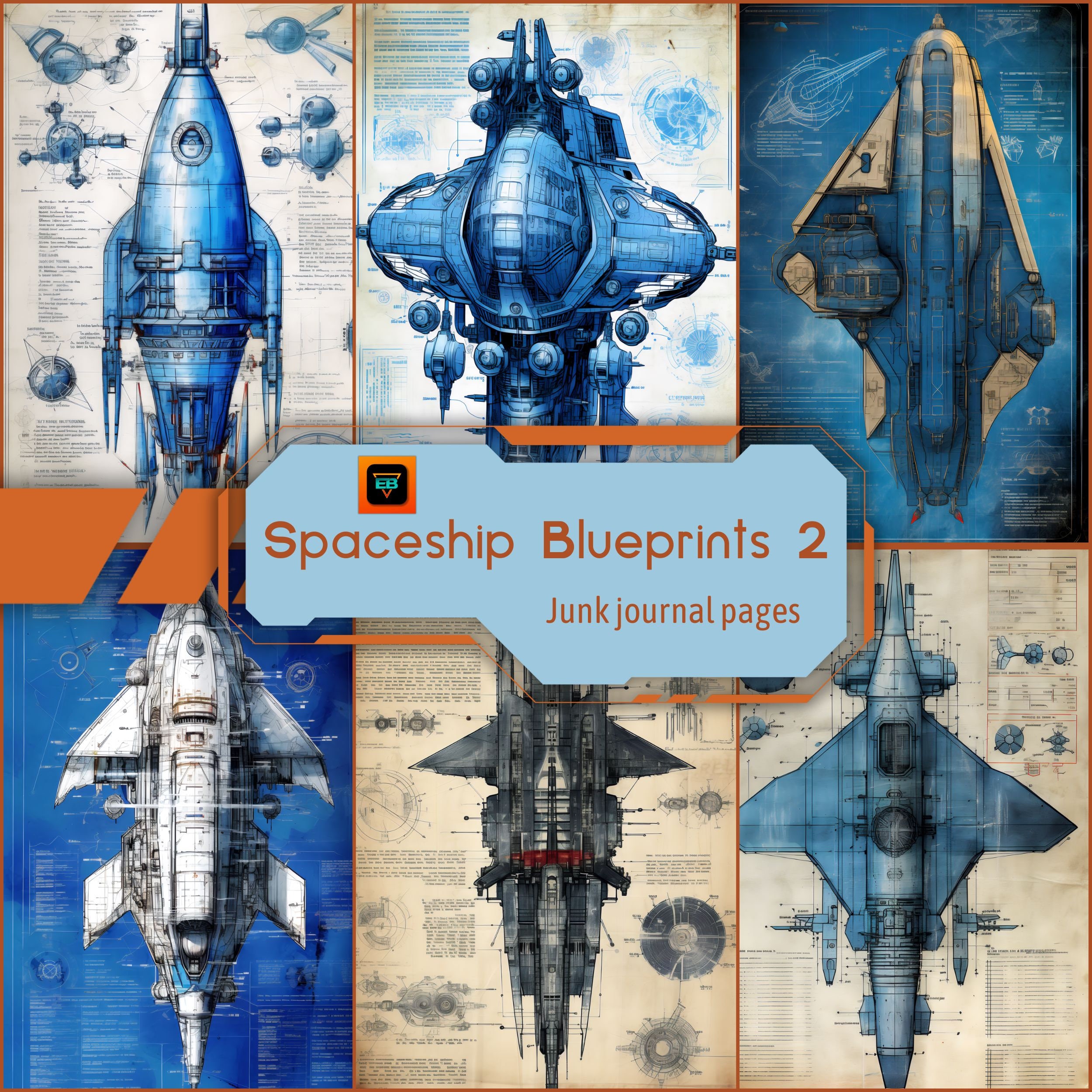 Scifi Spaceship Blueprint Scrapbook Pages, Space Craft Junk Journal Kit ...