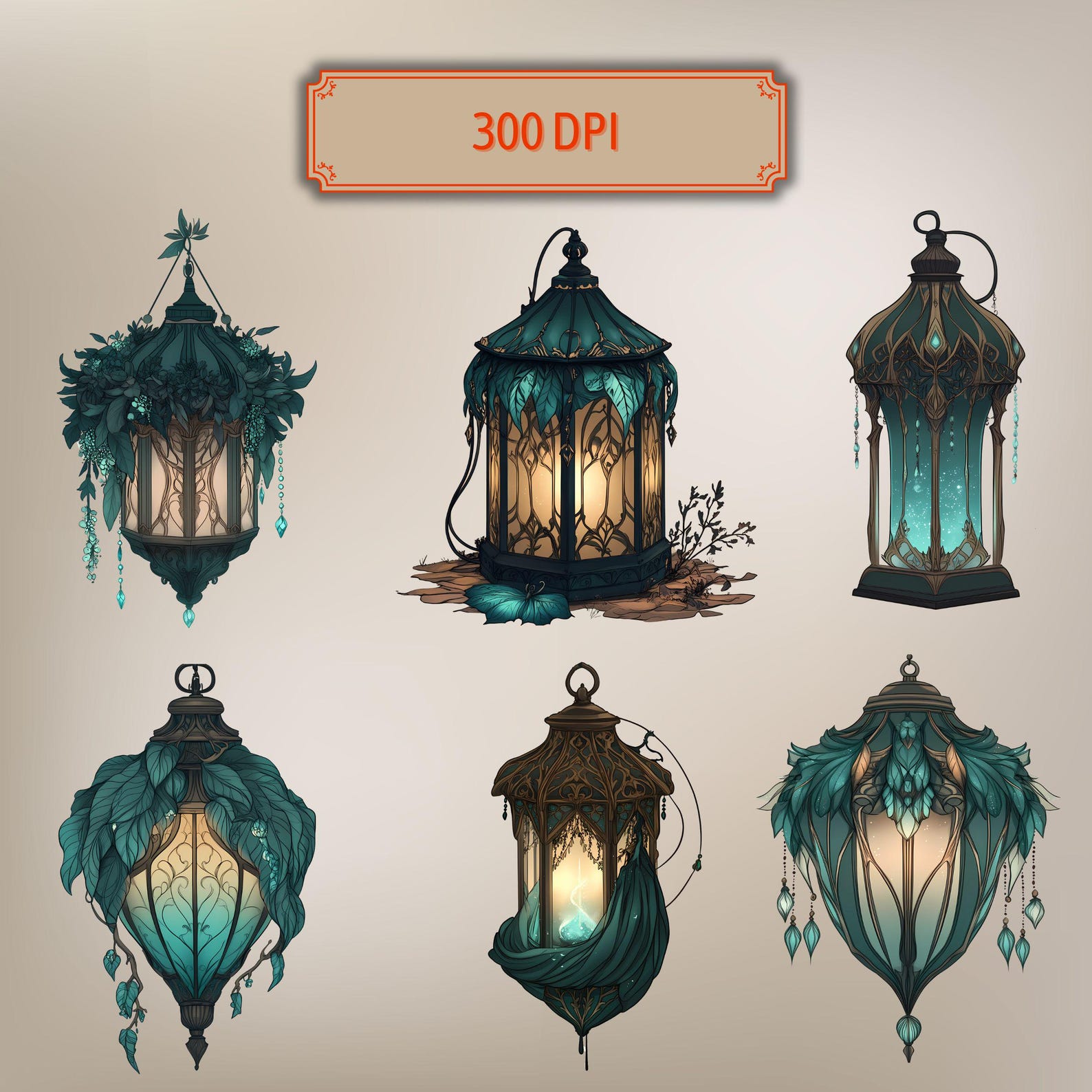 Teal Fantasy Collection, Lantern Clipart, Junk Journal Graphics Bundle ...