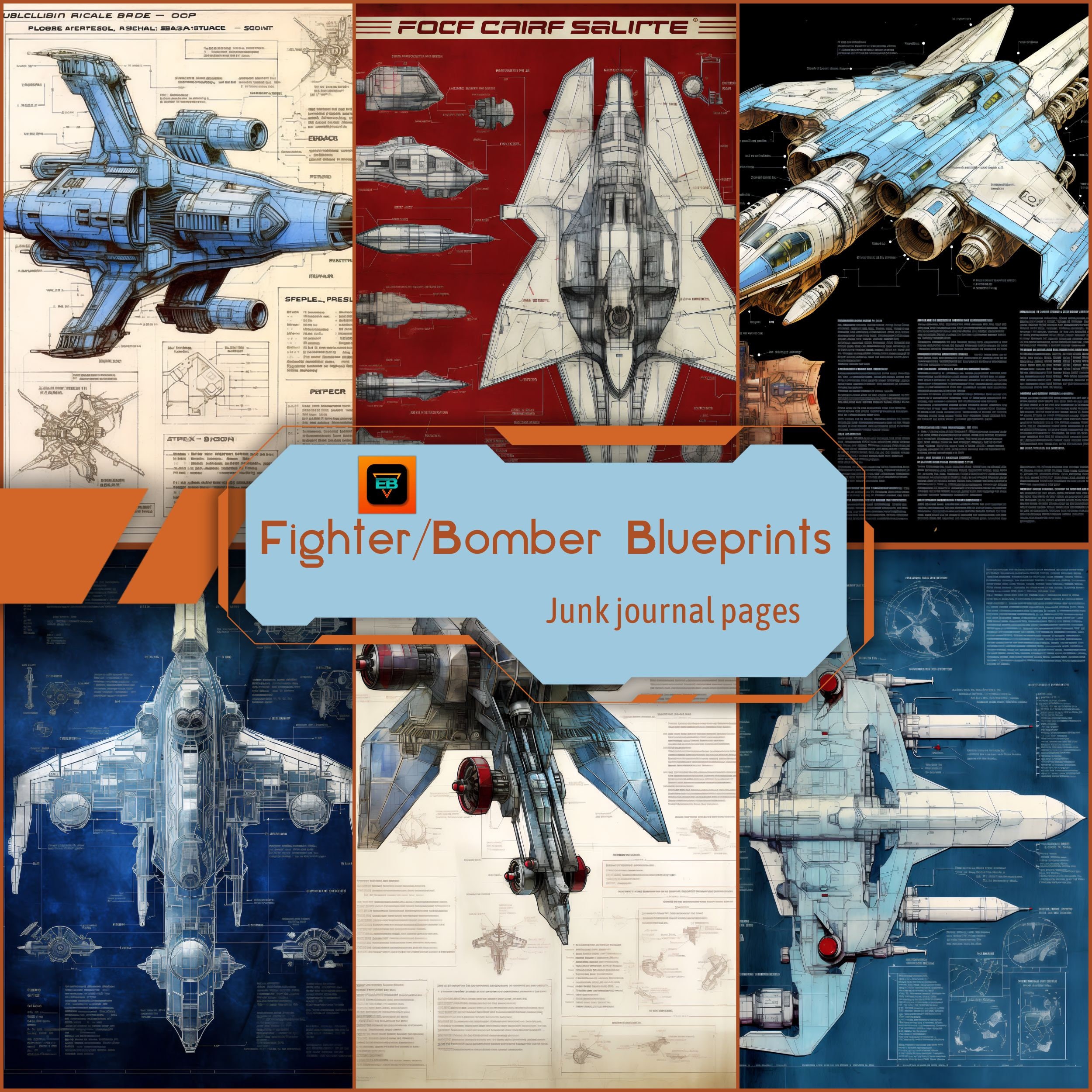 Fighter Bomber Blueprint Scrapbook Pages, Scifi Spaceship Diagram Junk ...