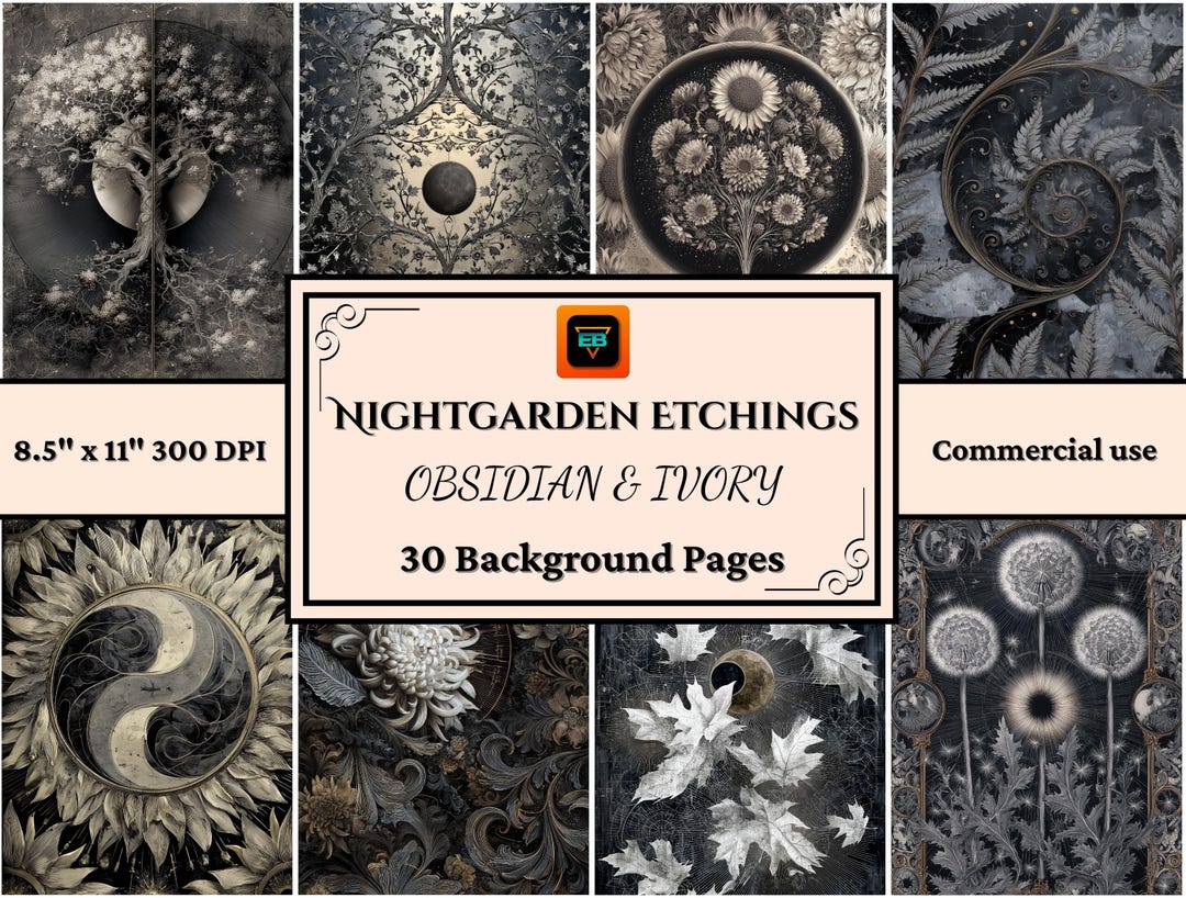 Obsidian & Ivory Floral Scrapbook Background Pages, Junk Journal Flower ...