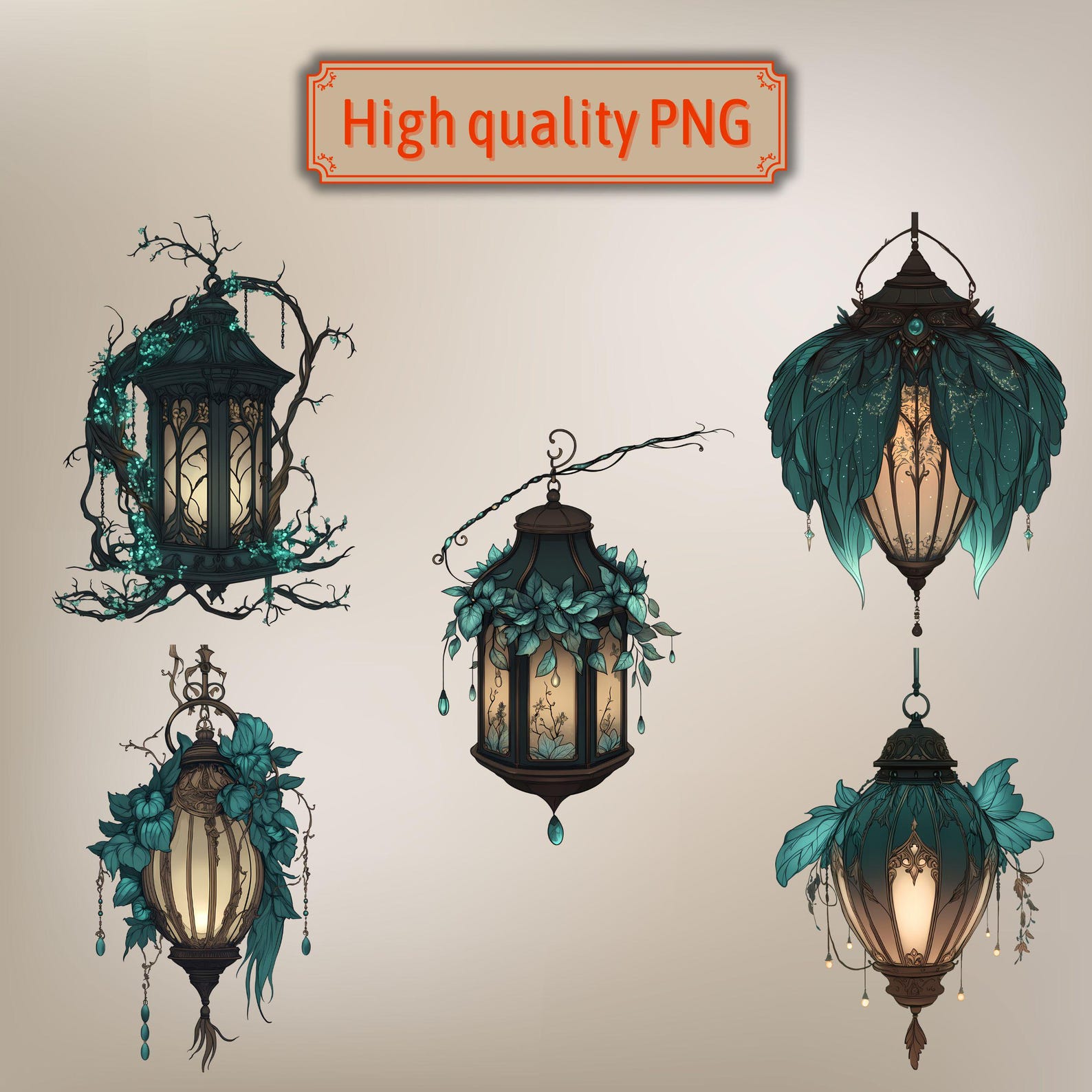 Teal Fantasy Collection, Lantern Clipart, Junk Journal Graphics Bundle ...