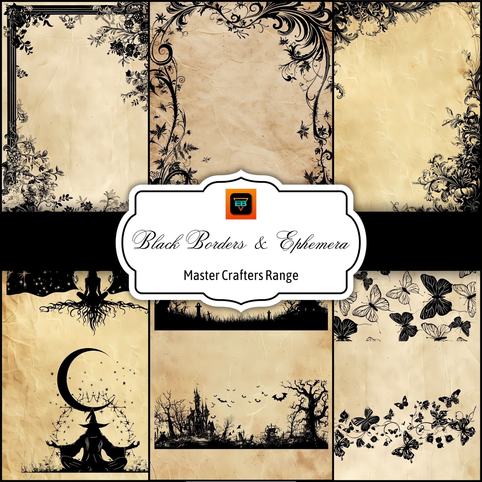 Black Borders & Ephemera Scrapbook Pages, Decorative Halloween Clipart ...