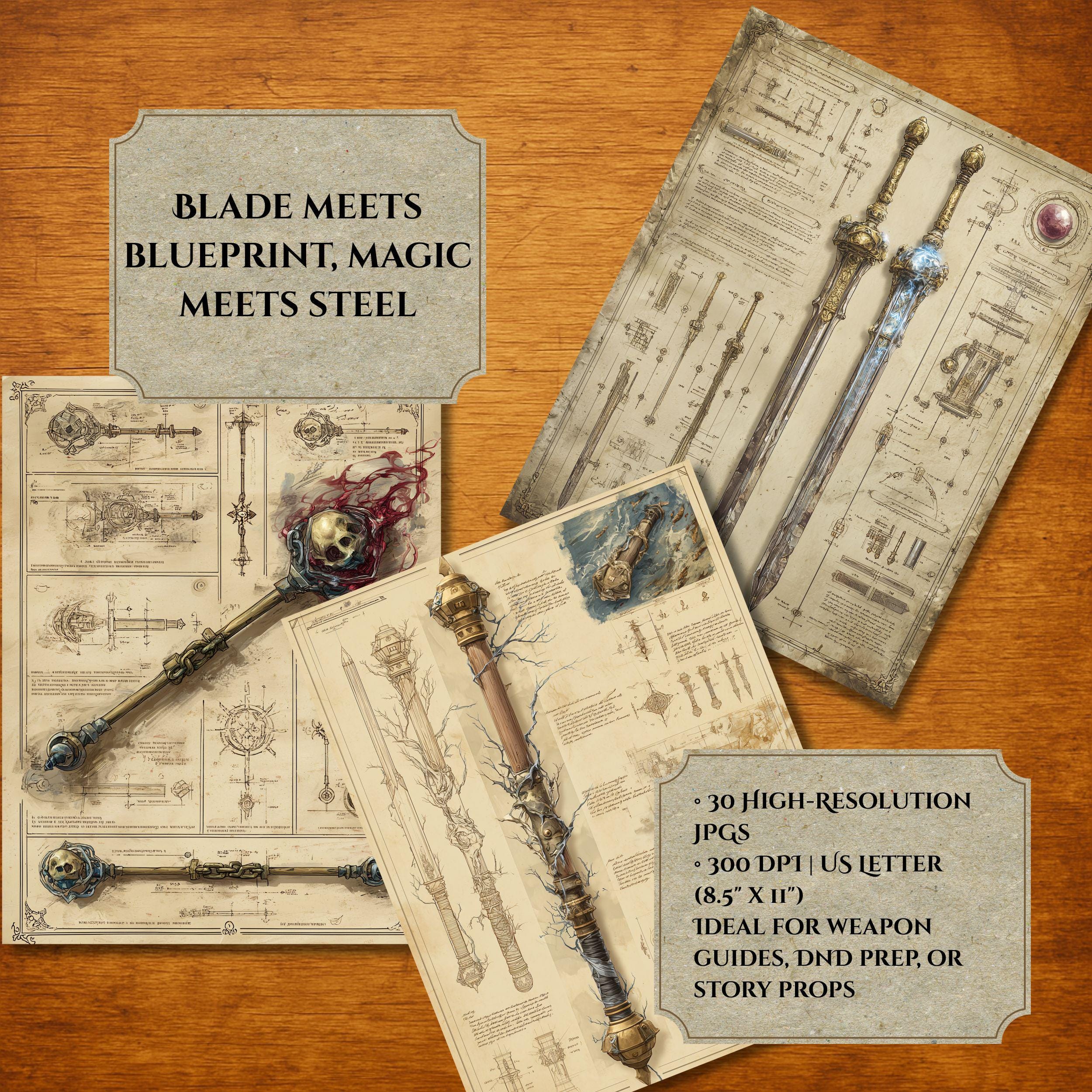 Fantasy Weapon Blueprints, Printable Sword & Axe Art, Dnd Ephemera ...