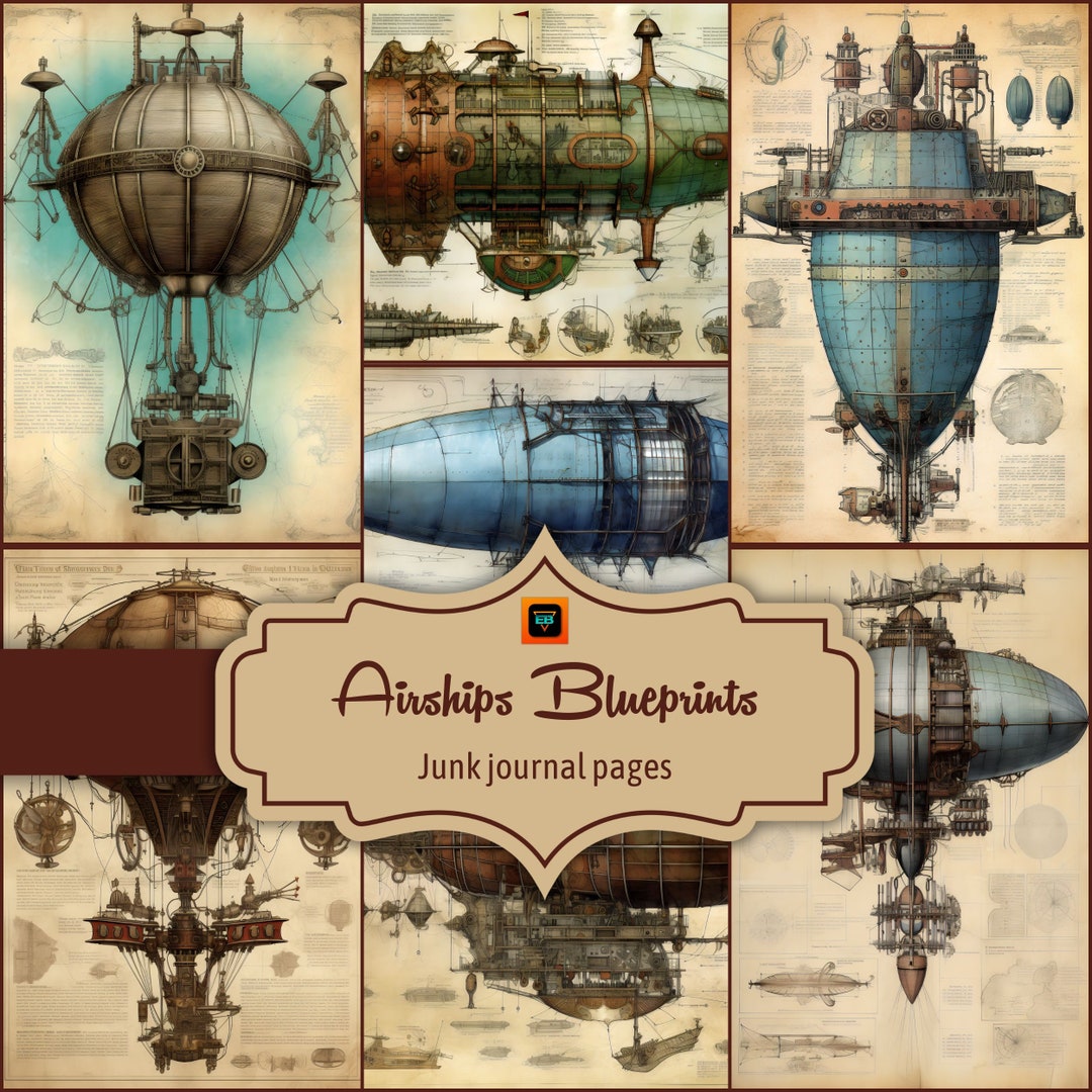 Steampunk Airship Blueprint Scrapbook Pages, Fantasy Diagram Junk ...