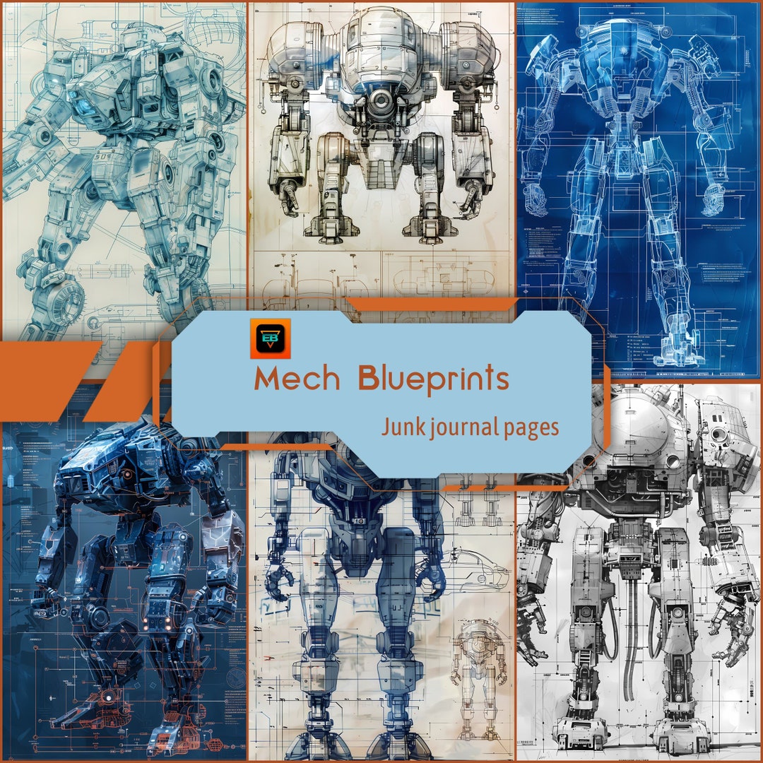 Scifi Mech Blueprint Scrapbook Pages, Science Fiction Junk Journal Kit ...
