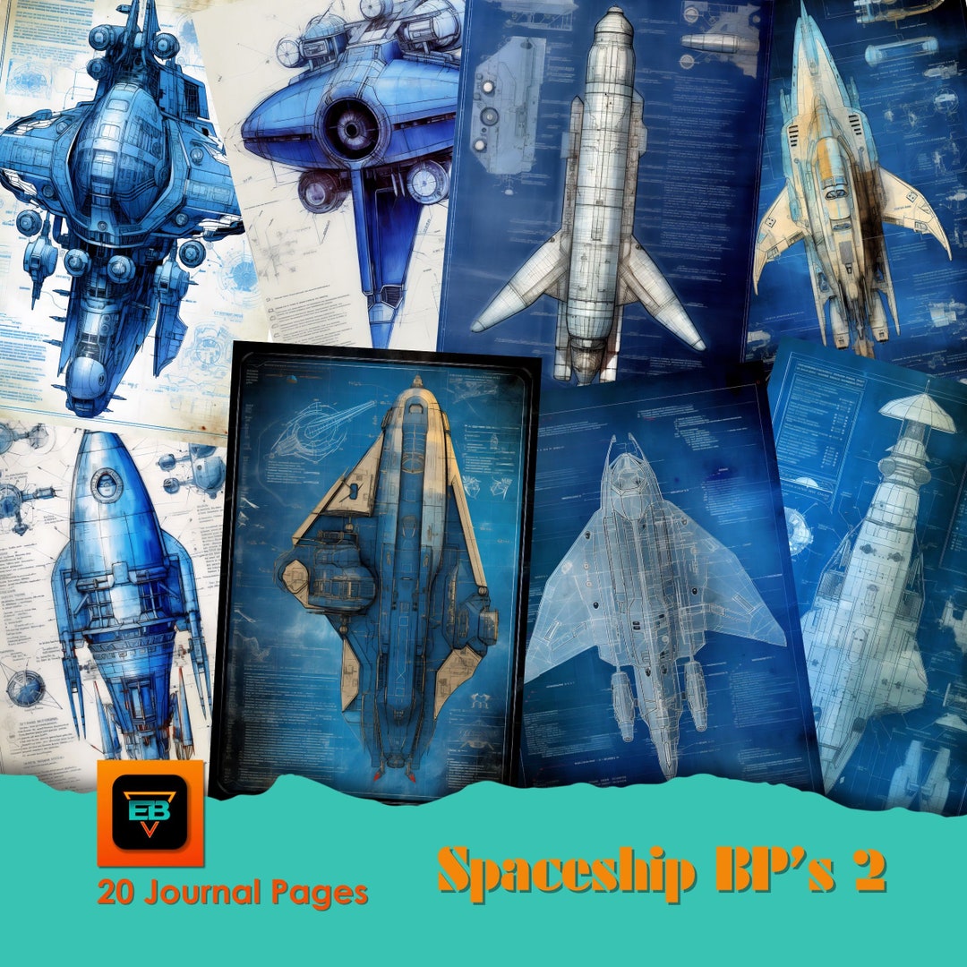 Scifi Spaceship Blueprint Scrapbook Pages, Space Craft Junk Journal Kit ...