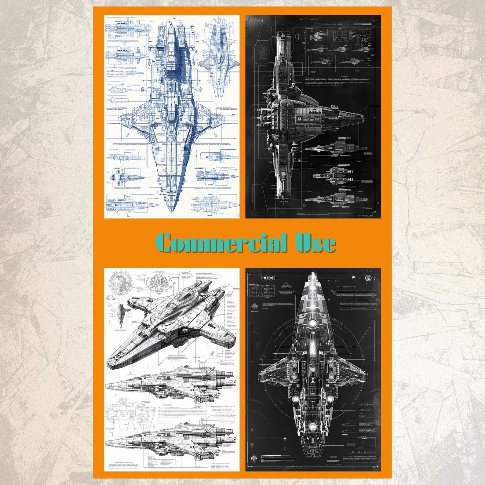 Spaceship Blueprint Scrapbook Pages, Sci-fi Spacecraft Diagram Junk ...
