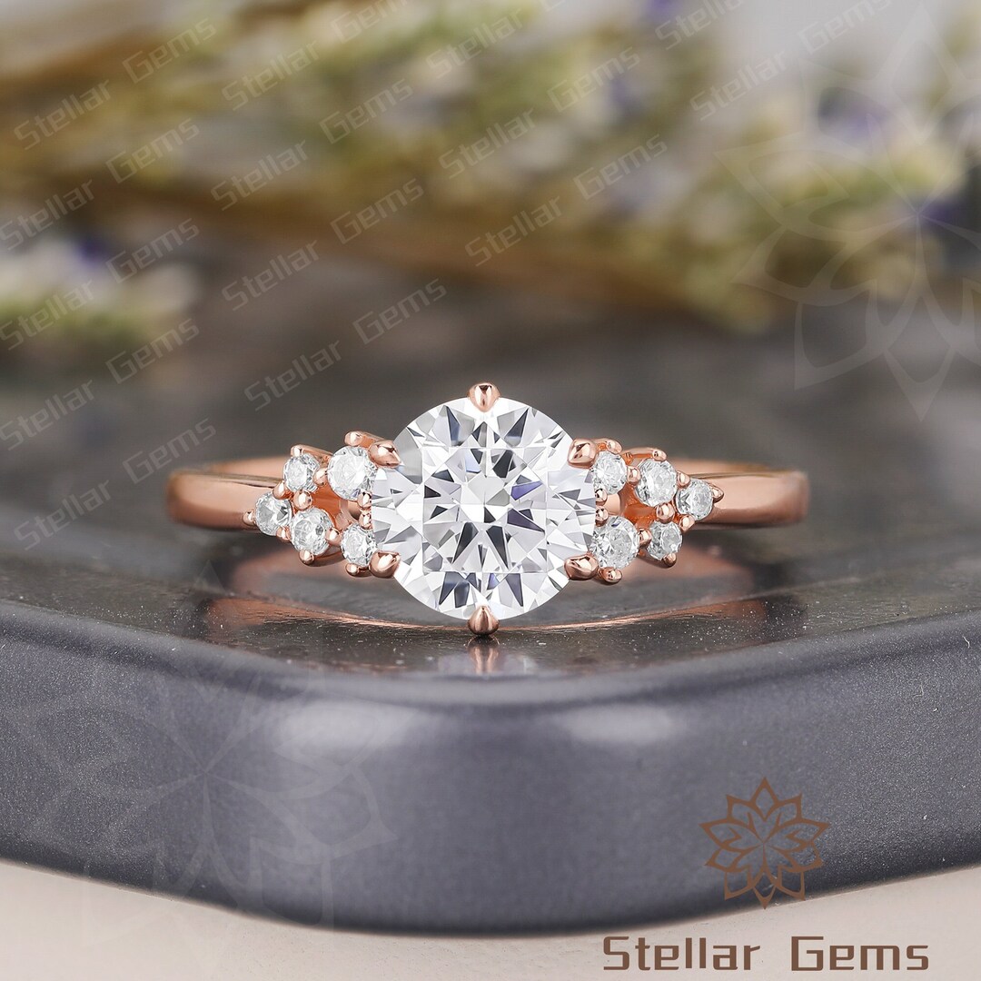 Dainty 1.0CT Round Moissanite 10K Solid Gold Engagement Ring Cluster Moissanite Anniversary ...