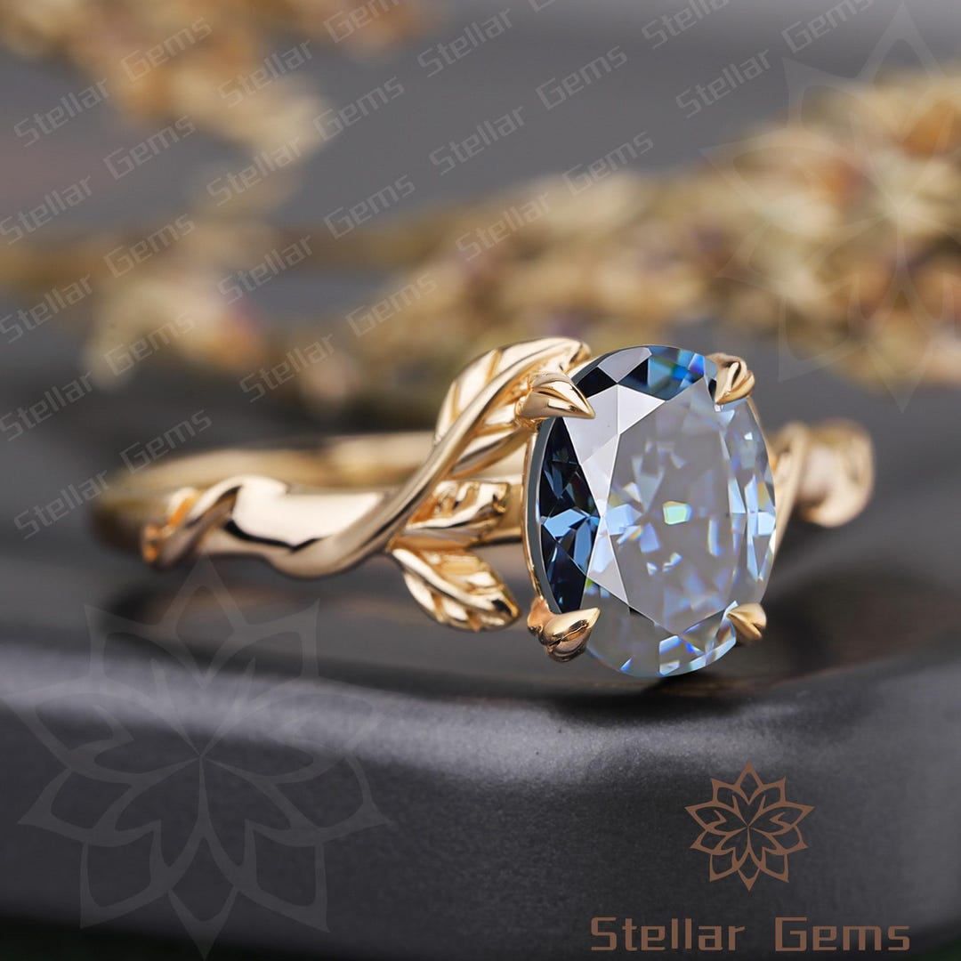 14K Solid Gold Oval Blue Grey Moissanite Engagement Ring Dainty ...