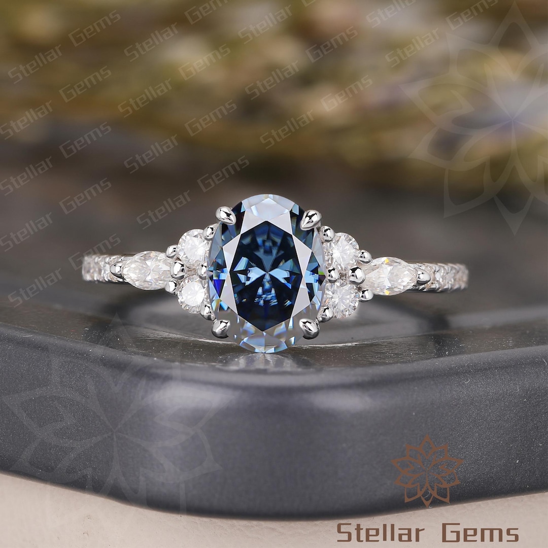 14K Solid Gold Oval Blue Grey Moissanite Engagement Ring Art Deco ...
