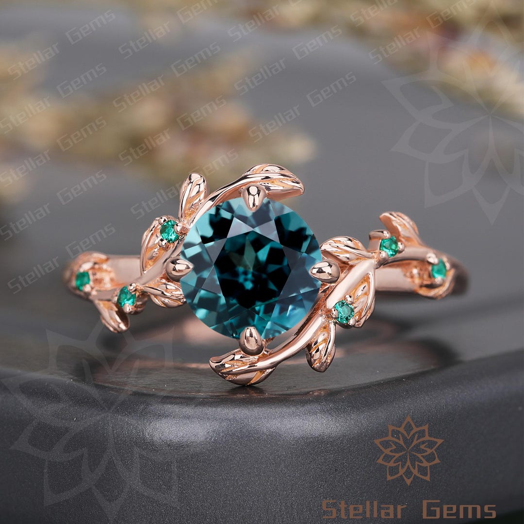 Unique Round Lab Created Teal Sapphire Engagement Ring 14K Rose Gold ...