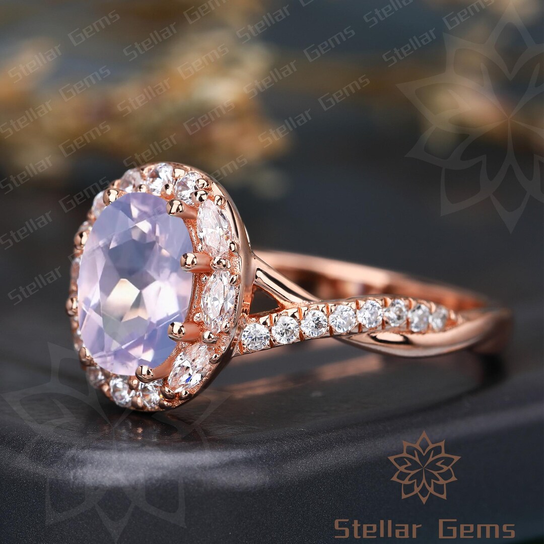 14K Solid Gold Oval Natural Lavender Amethyst Engagement Ring Art Deco ...