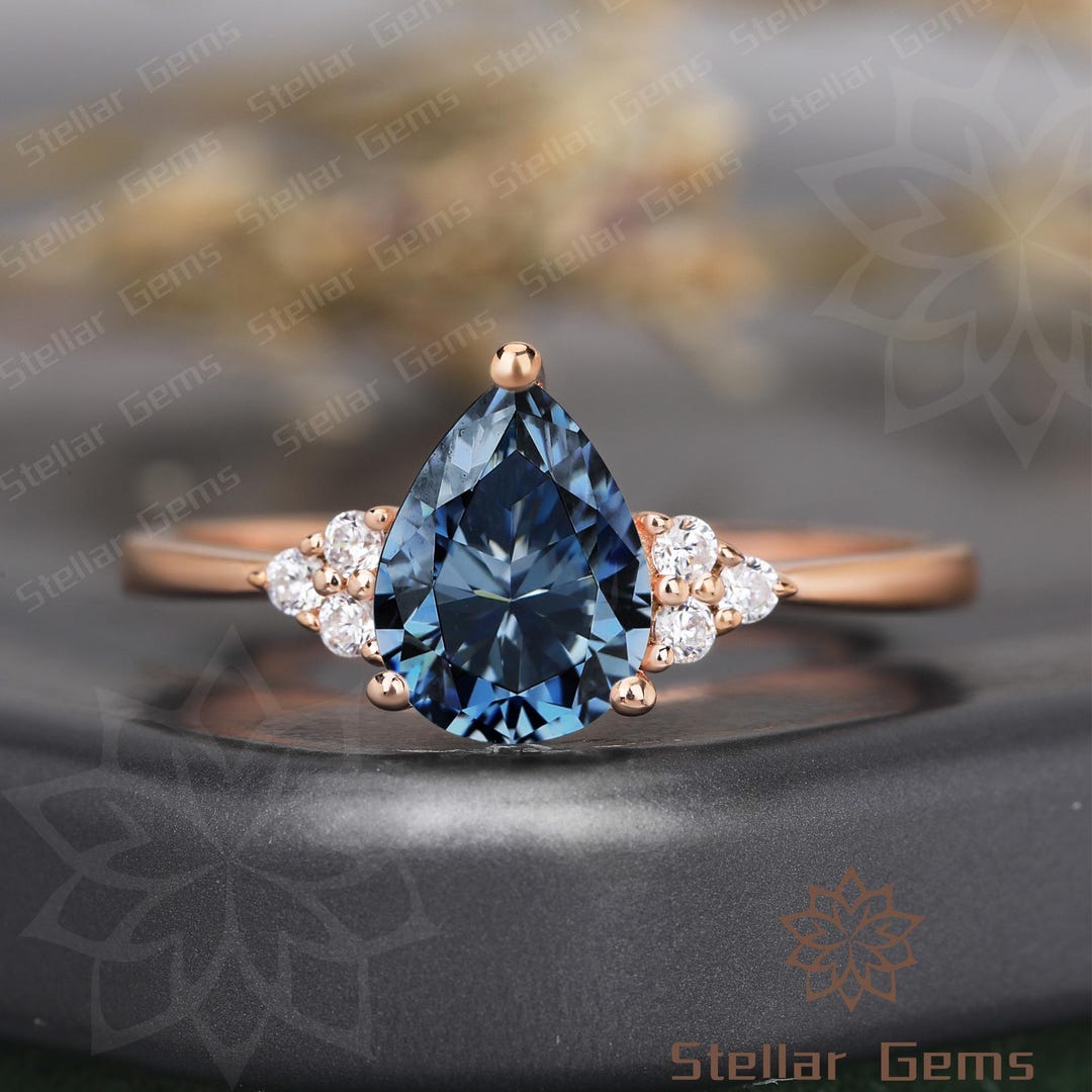 Teardrop Blue Grey Moissanite Engagement Ring 10K Rose Gold Ring Art ...