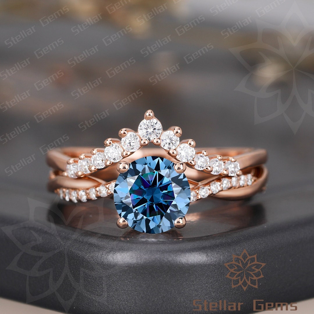 Unique Blue Grey Moissanite 10K Rose Gold Engagement Ring Round Cut ...