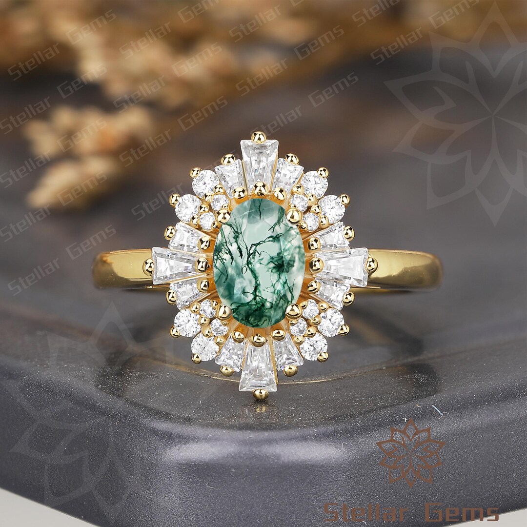Oval Cut Natural Moss Agate Rose Gold Engagement Ring Handmade Art Deco ...