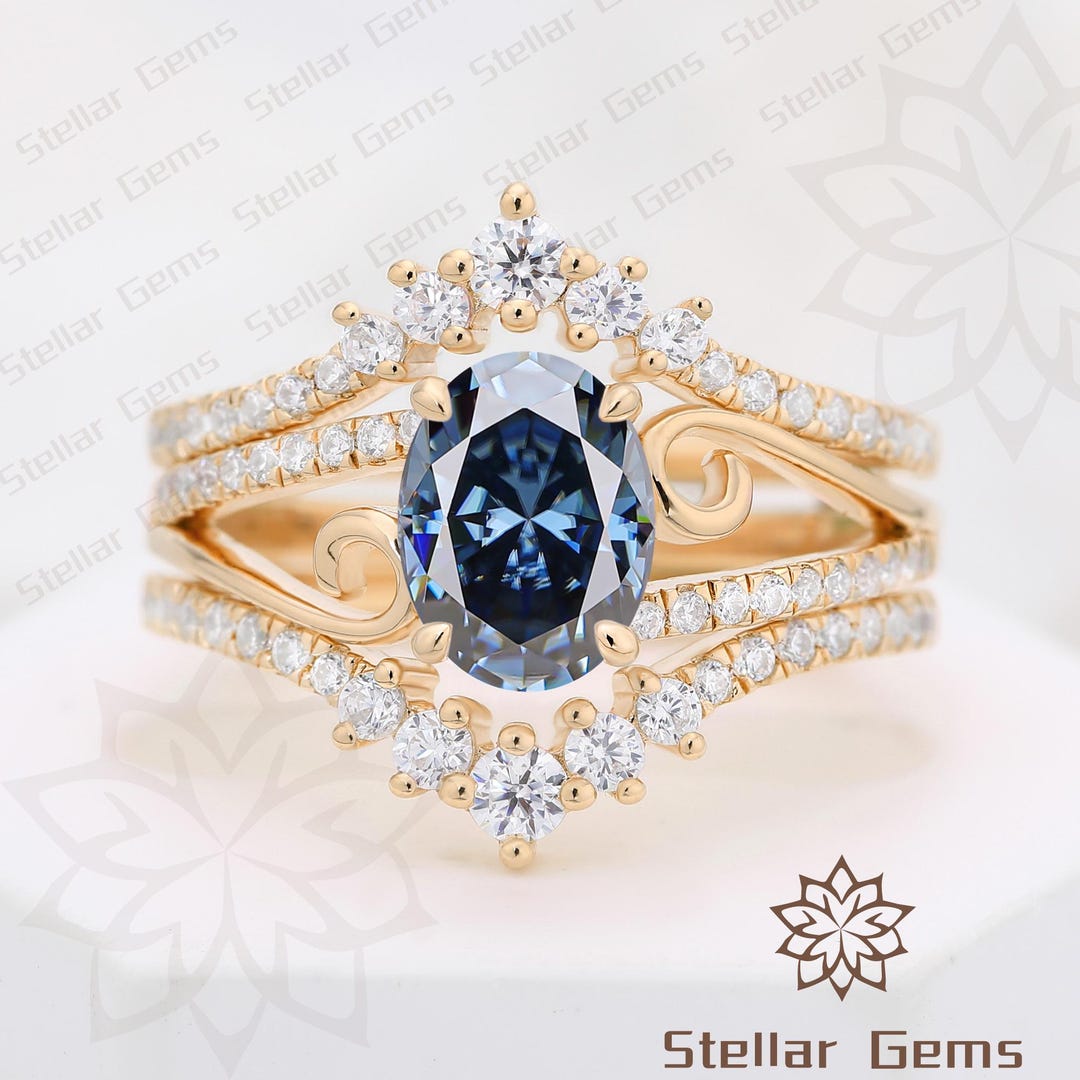 10K Gold Oval Blue Grey Moissanite Engagement Ring Set Double Curved ...