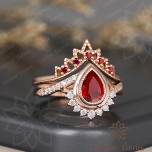 Vintage Stacking Ring Pear Lab Created Ruby 925 Sterling Silver ...