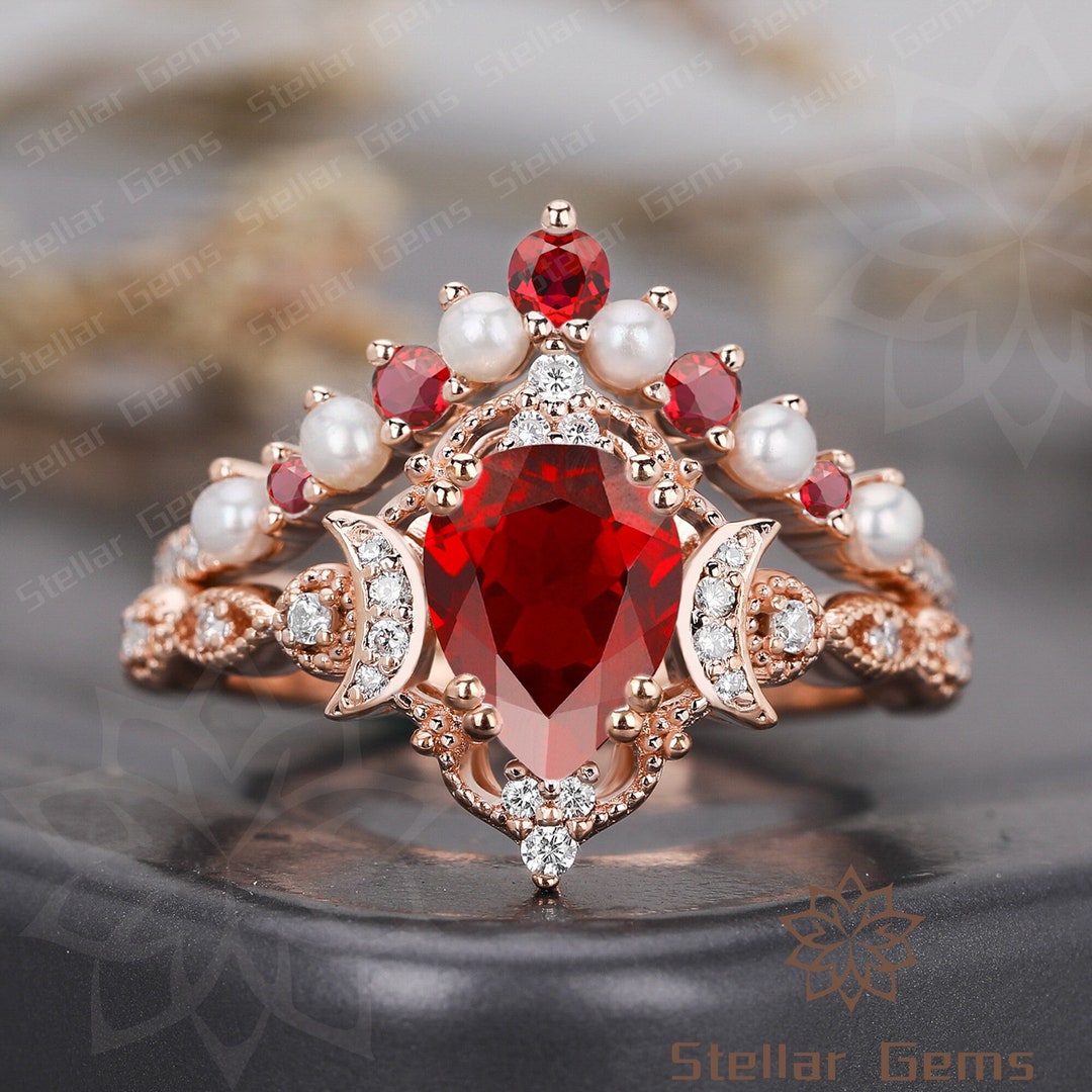 Pear Cut Lab Created Ruby 10K Solid Gold Engagement Ring Set Art Deco ...