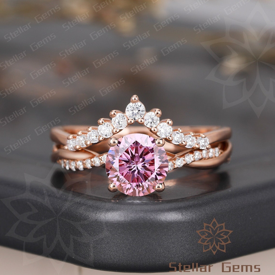 10K Solid Gold Round Pink Moissanite Engagement Ring Vintage Cluster ...