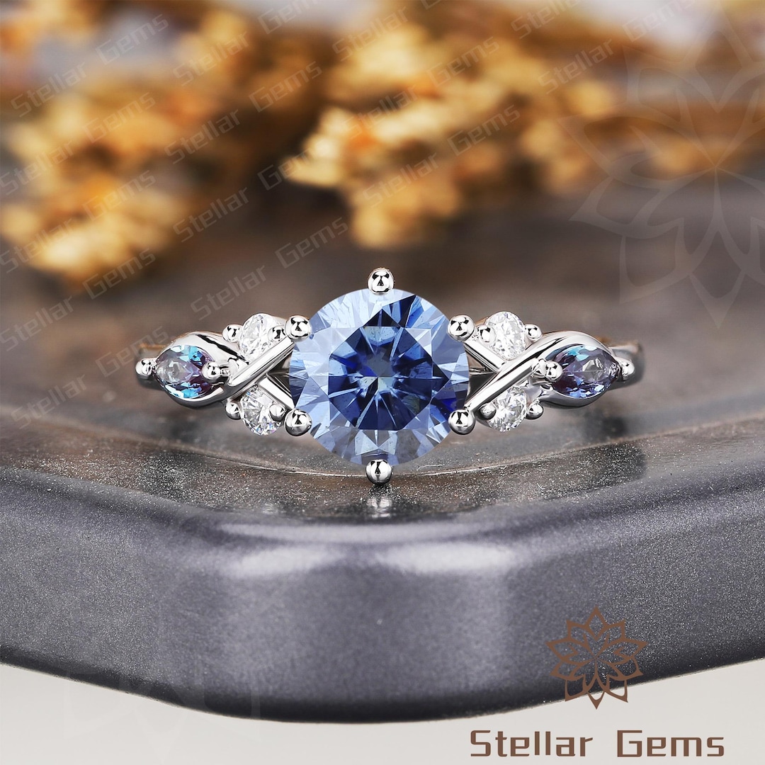 Unique Round Blue Grey Moissanite 14K White Gold Engagement Ring ...