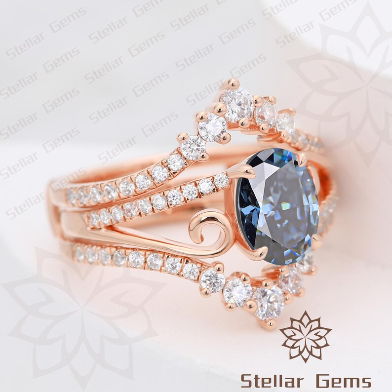 10K Gold Oval Blue Grey Moissanite Engagement Ring Set Double Curved ...