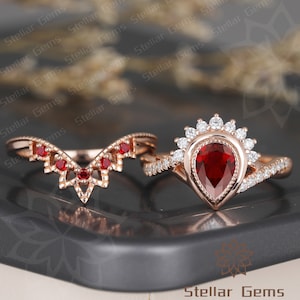 Vintage Stacking Ring Pear Lab Created Ruby 925 Sterling Silver ...