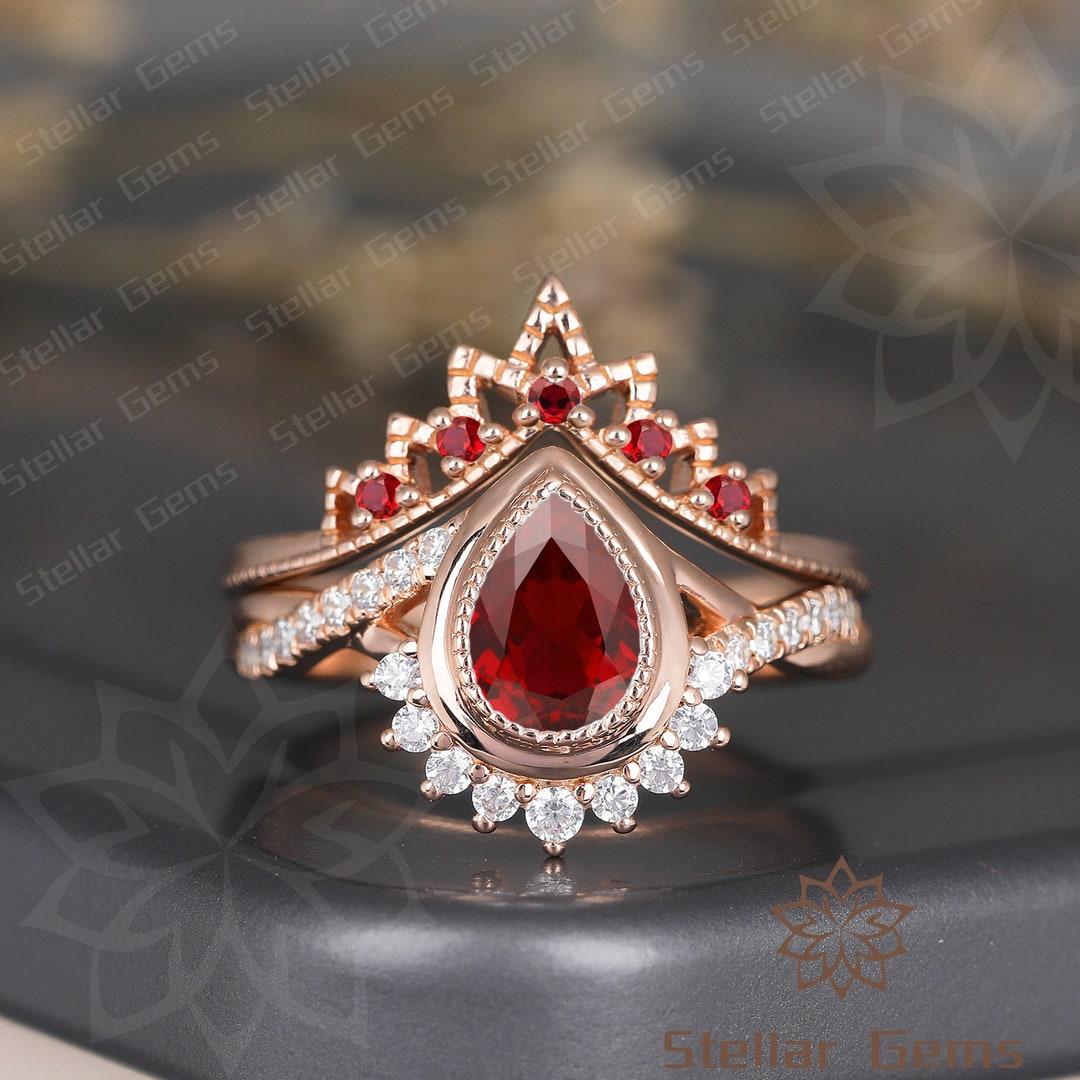 Vintage Stacking Ring Pear Lab Created Ruby 925 Sterling Silver ...