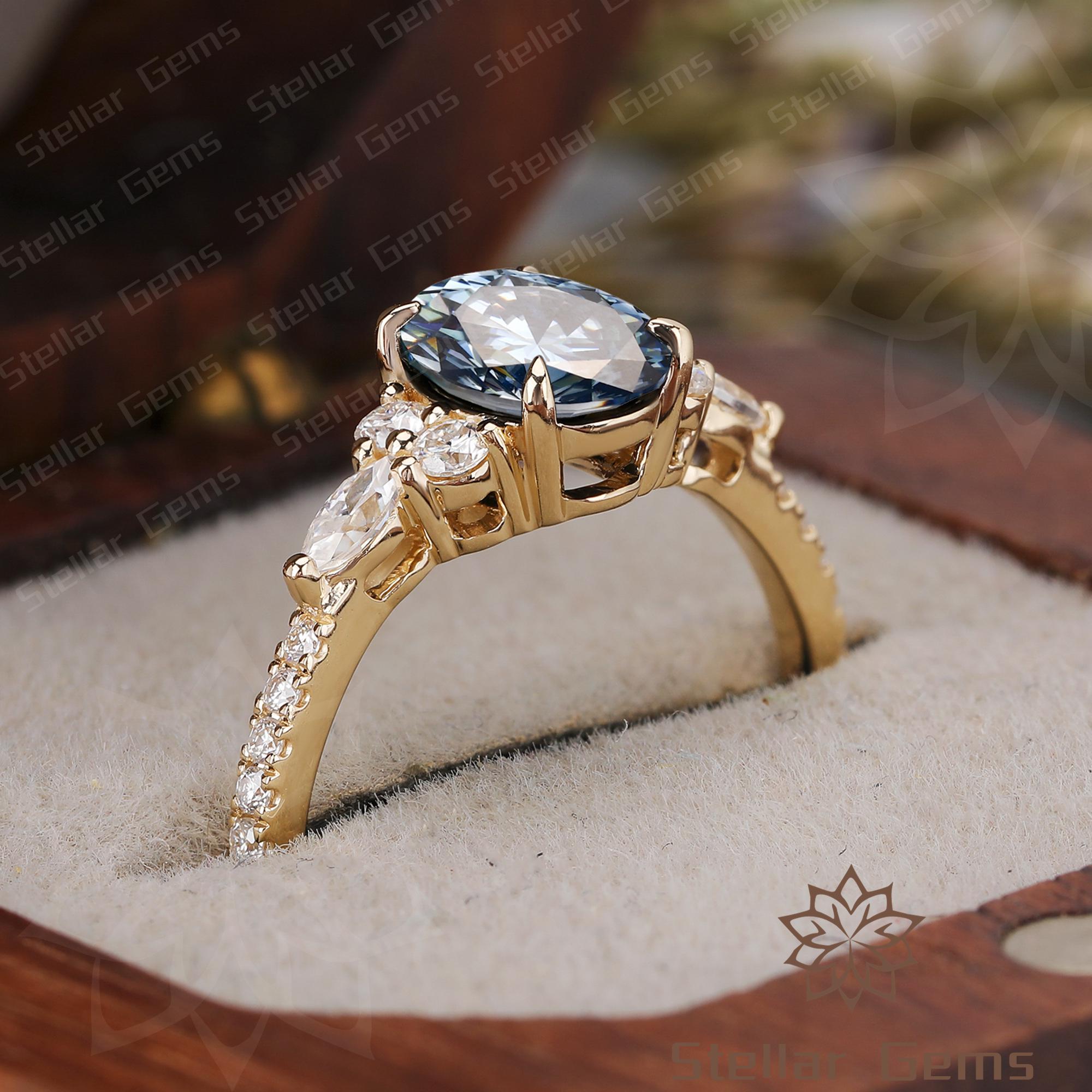 14K Solid Gold Oval Blue Grey Moissanite Engagement Ring Art Deco ...