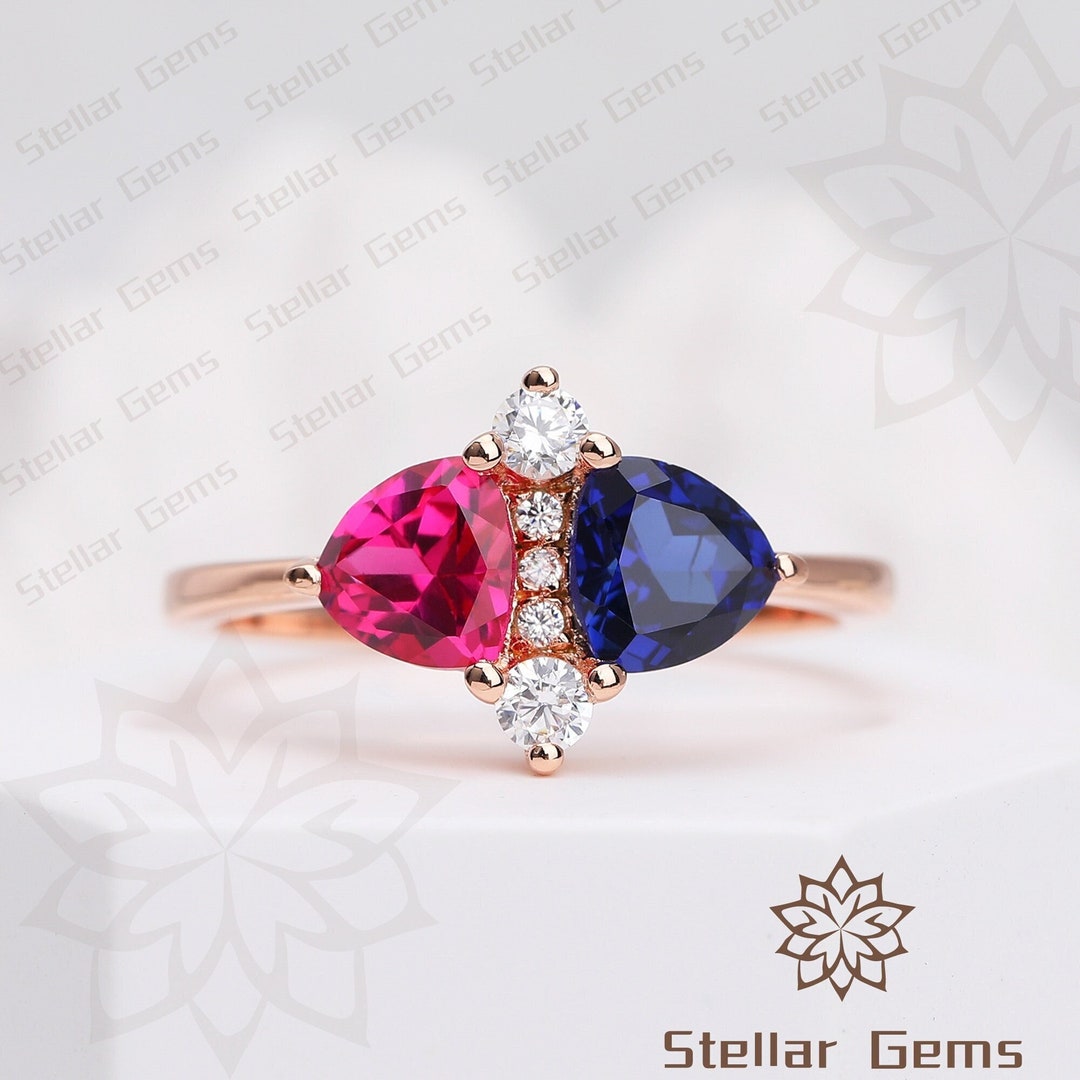 Unique 10K Rose Gold Handmade Trilliant Cut Ruby and Sapphire ...