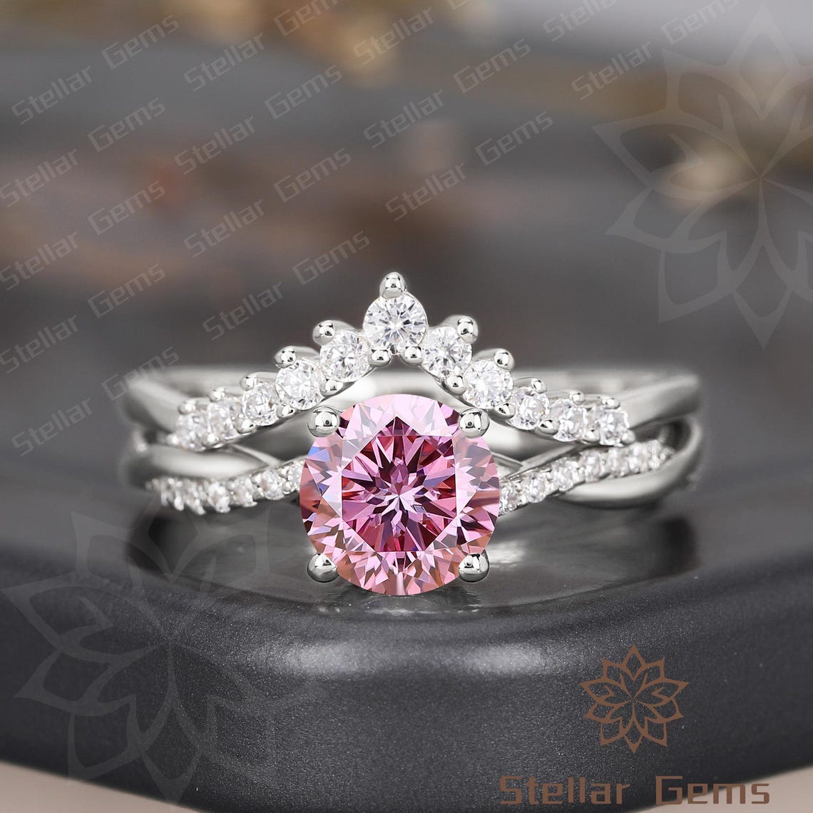 10K Solid Gold Round Pink Moissanite Engagement Ring Vintage Cluster ...