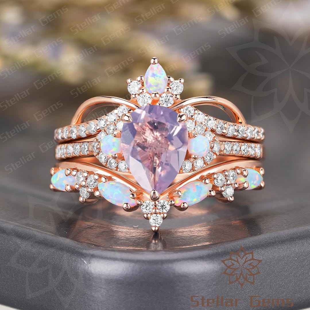Pear Natural Lavender Amethyst 10K Solid Gold Engagement Ring Set ...