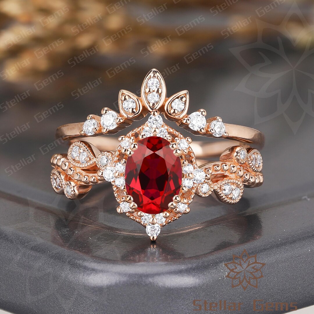 Vintage 10K Solid Gold Oval Lab Created Ruby Vine Leaf Ring Cluster ...