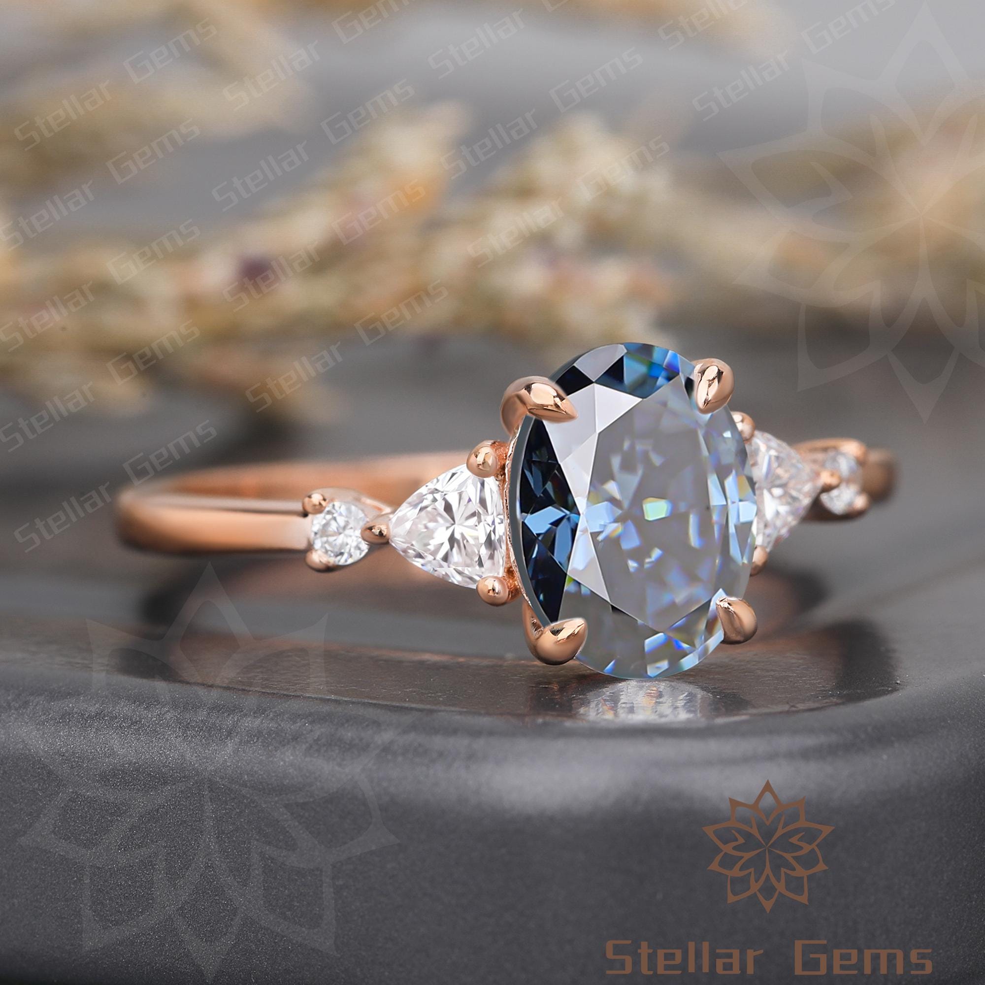 Oval Blue Grey Moissanite Engagement Ring 10K Rose Gold Cluster ...